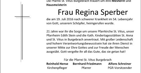 Wir trauern um unsere langjährige Mesnerin und Hausmeisterin Regina Sperber
